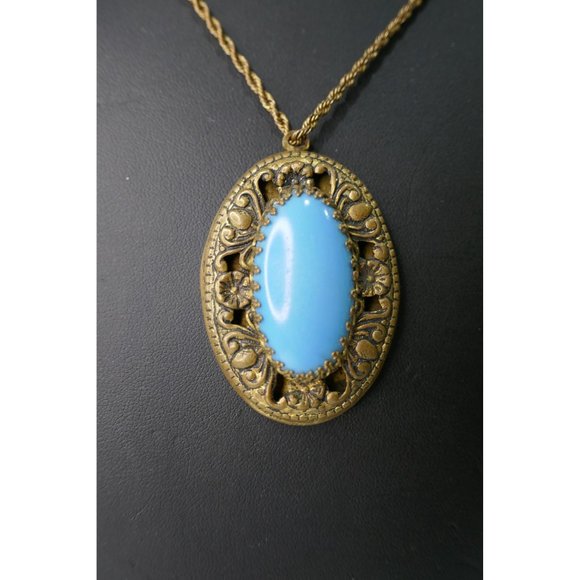 Unsigned | Jewelry | Unusual Pendant Necklace Large Blue Glass Oval ...